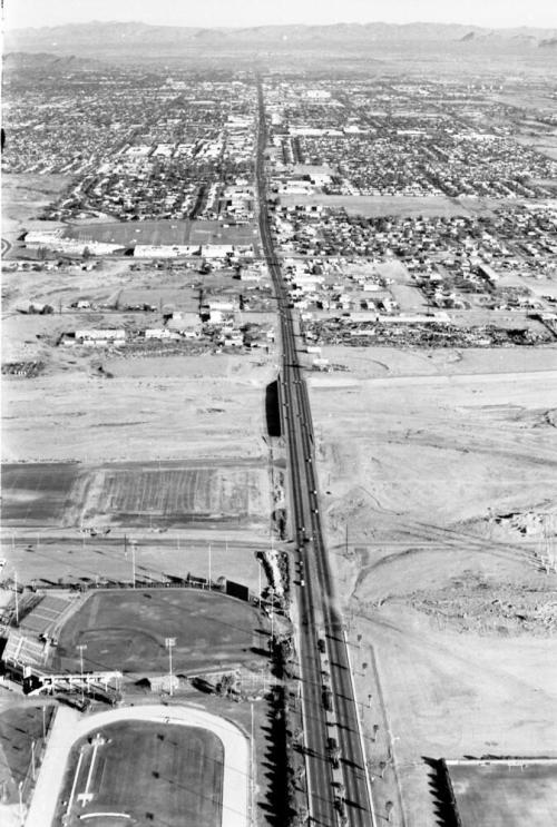Aerial of Rural Road, Salt River Bridge, and ASU Track and Baseball ...