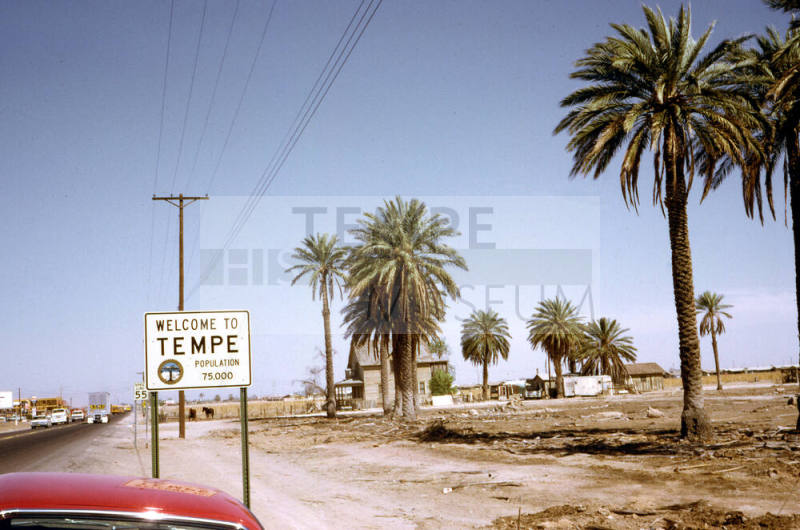 Tempe street and welcome sign, looking east on Baseline Road towards ...