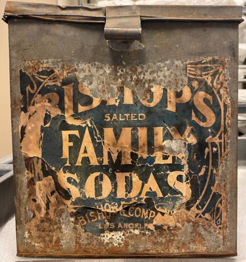 Bishop's brand Salted Family Sodas metal cracker jar and metal lid with ...